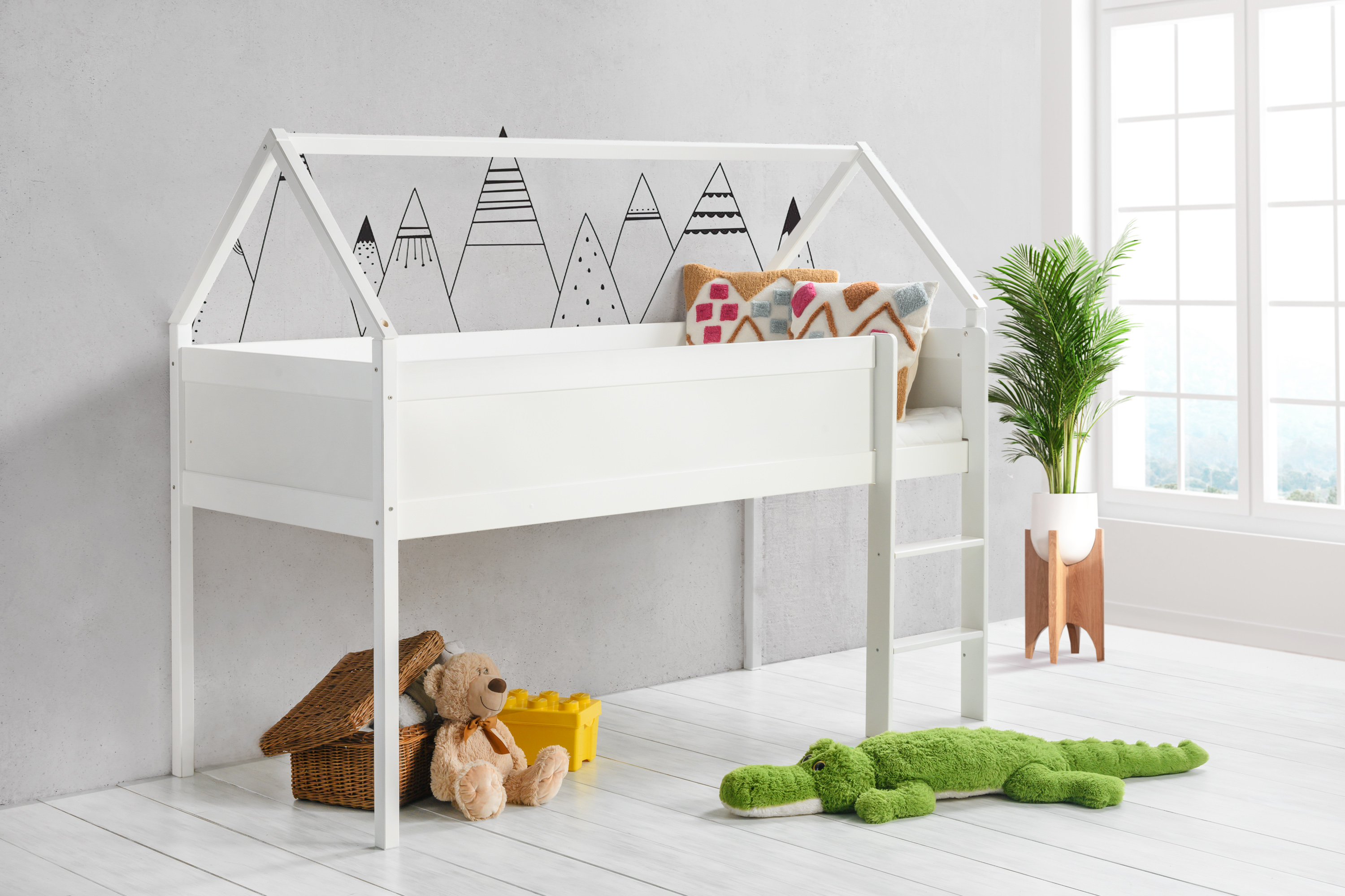 Dětská domečková VYVÝŠENÁ postel DINOSAUŘI - 200x90 cm - BÍLÁ | MAXMAX.cz